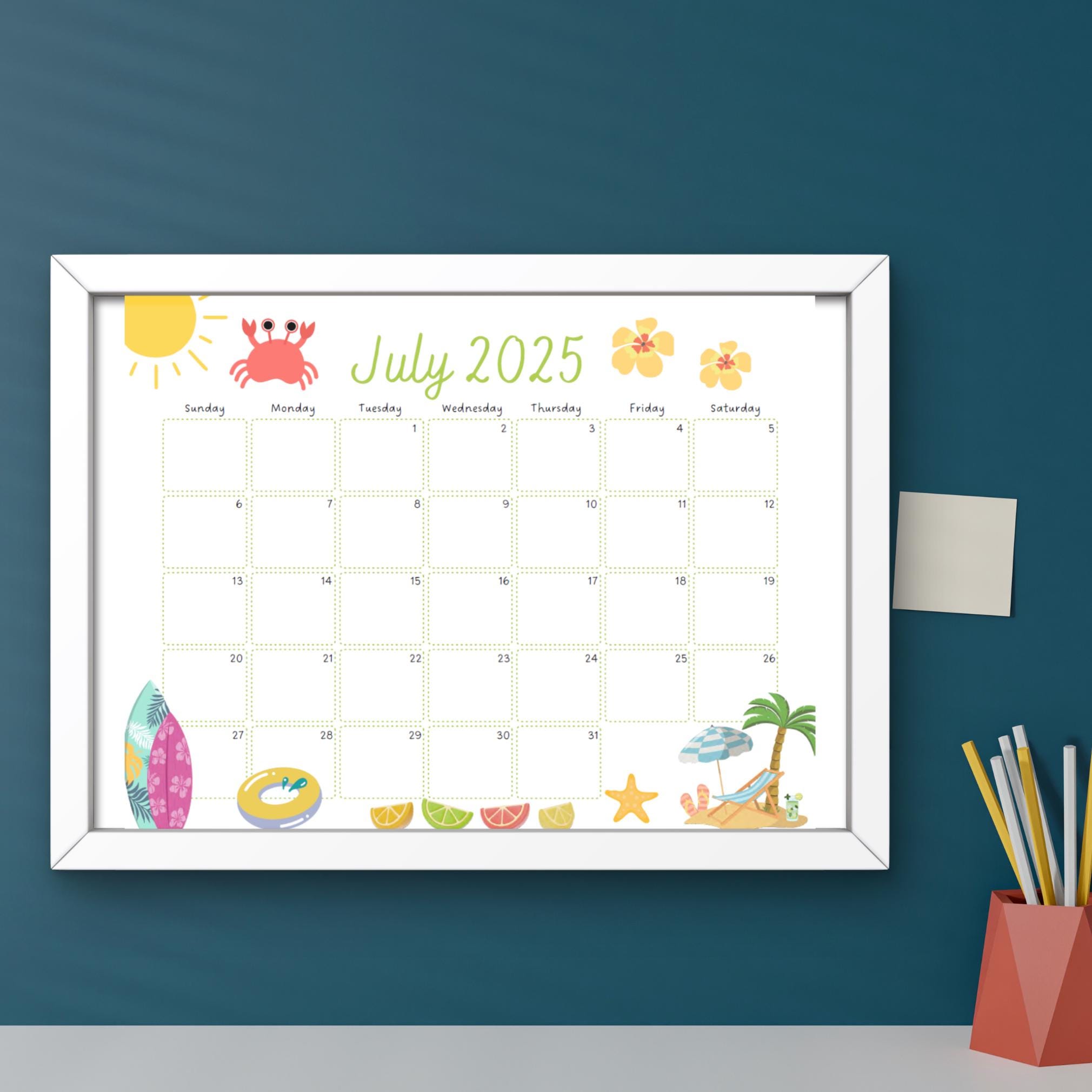 July 2025 Printable Calendar | Summer Beach Theme | Fillable PDF ...