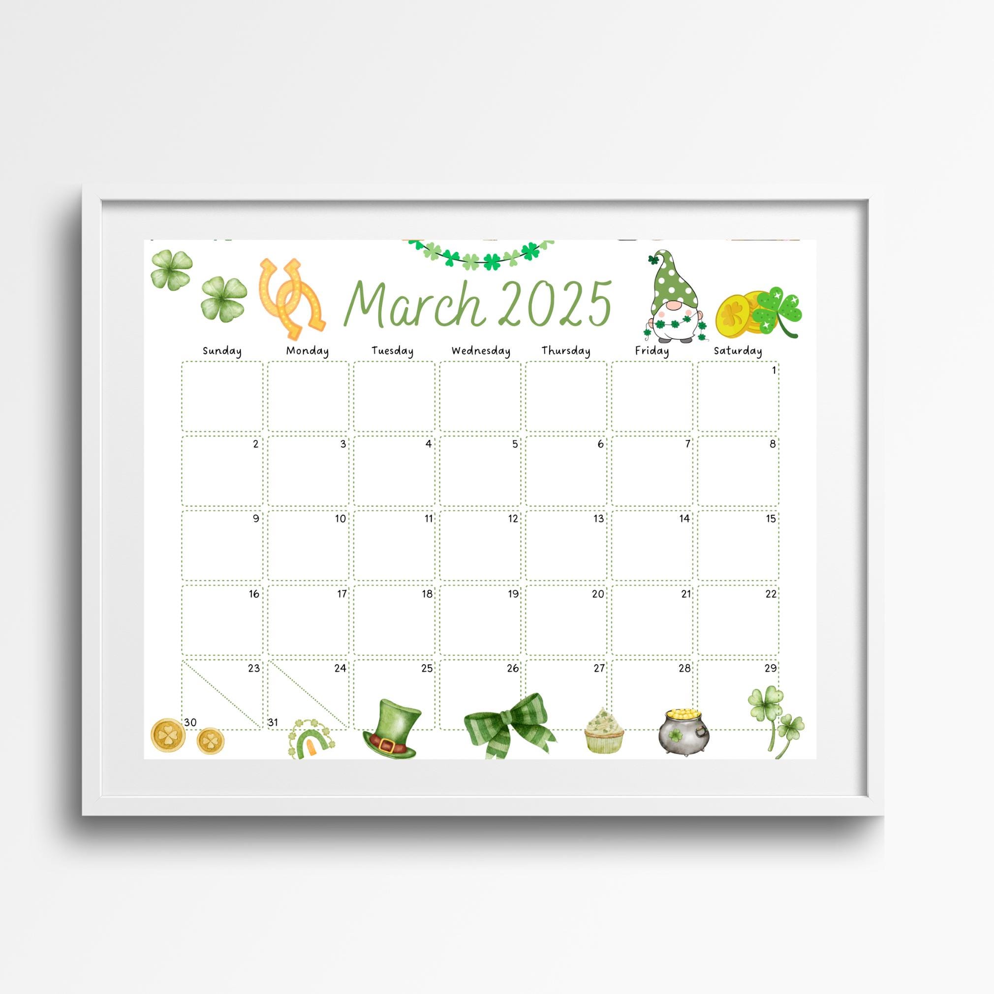 EDITABLE March 2025 Calendar, Happy St. Patrick's Day, Horseshoe, Green ...