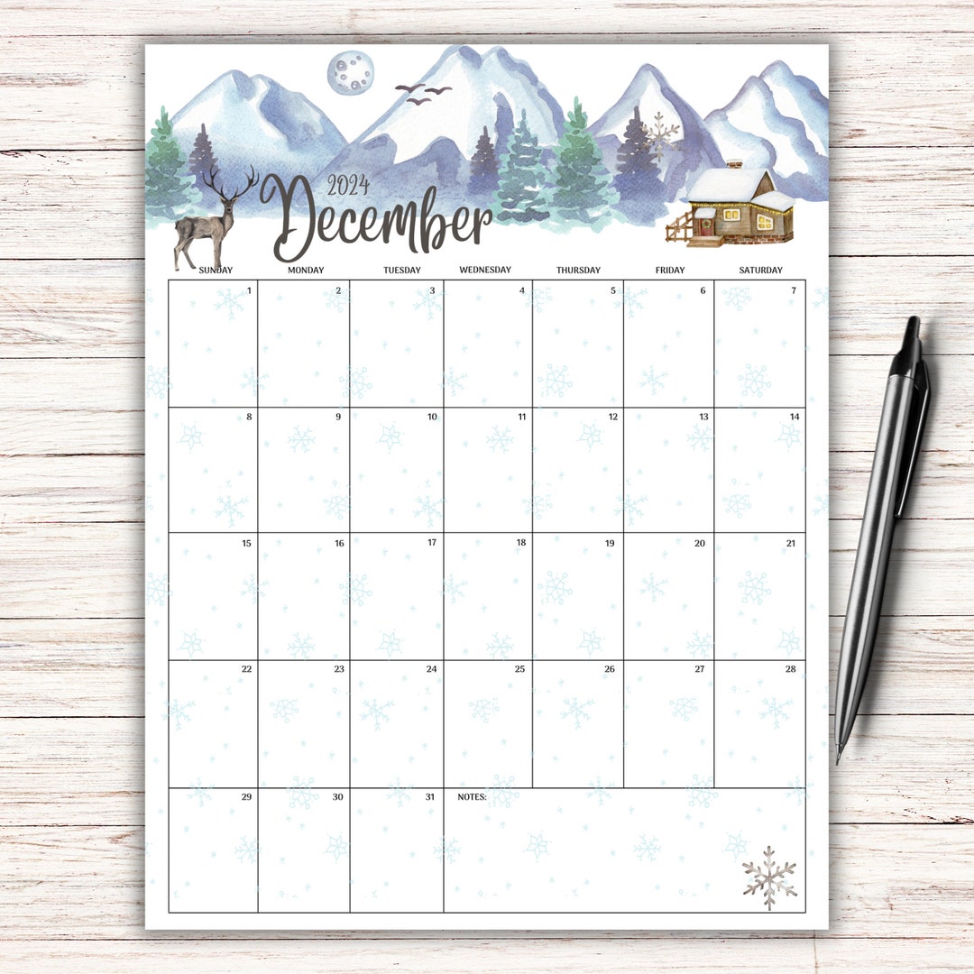 EDITABLE December 2024 Calendar, Beautiful Winter, Snowy Mountains ...