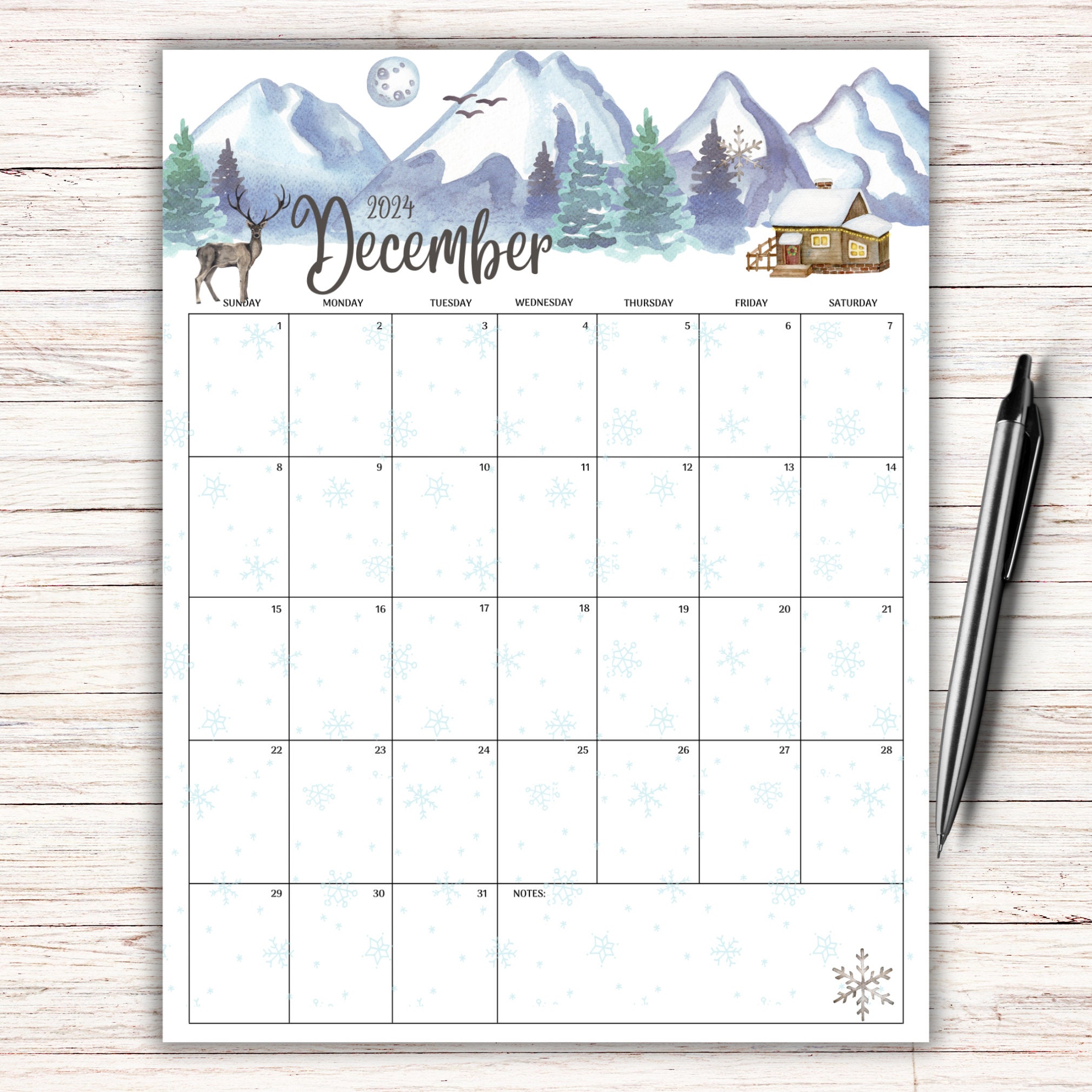 EDITABLE December 2024 Calendar, Beautiful Winter, Snowy Mountains ...