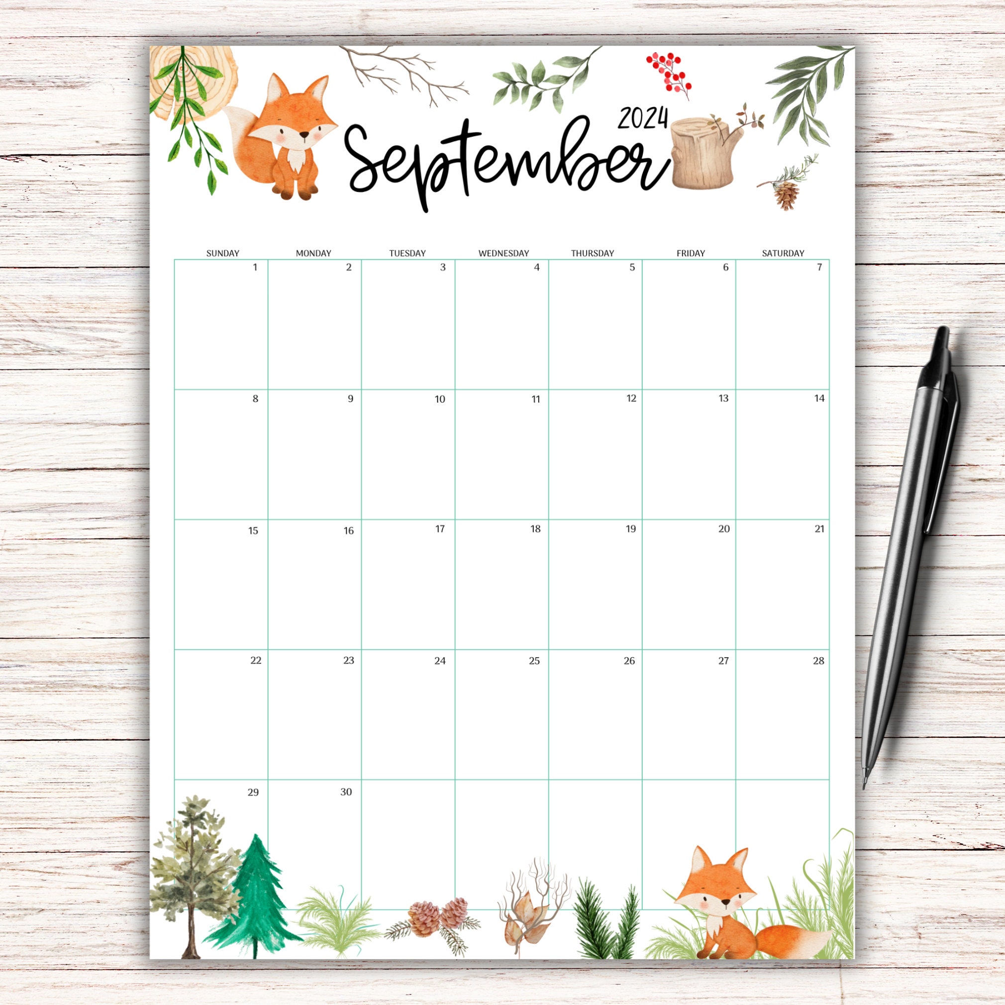 EDITABLE September 2024 Calendar, Back to School, Cute Fox, Vertical ...