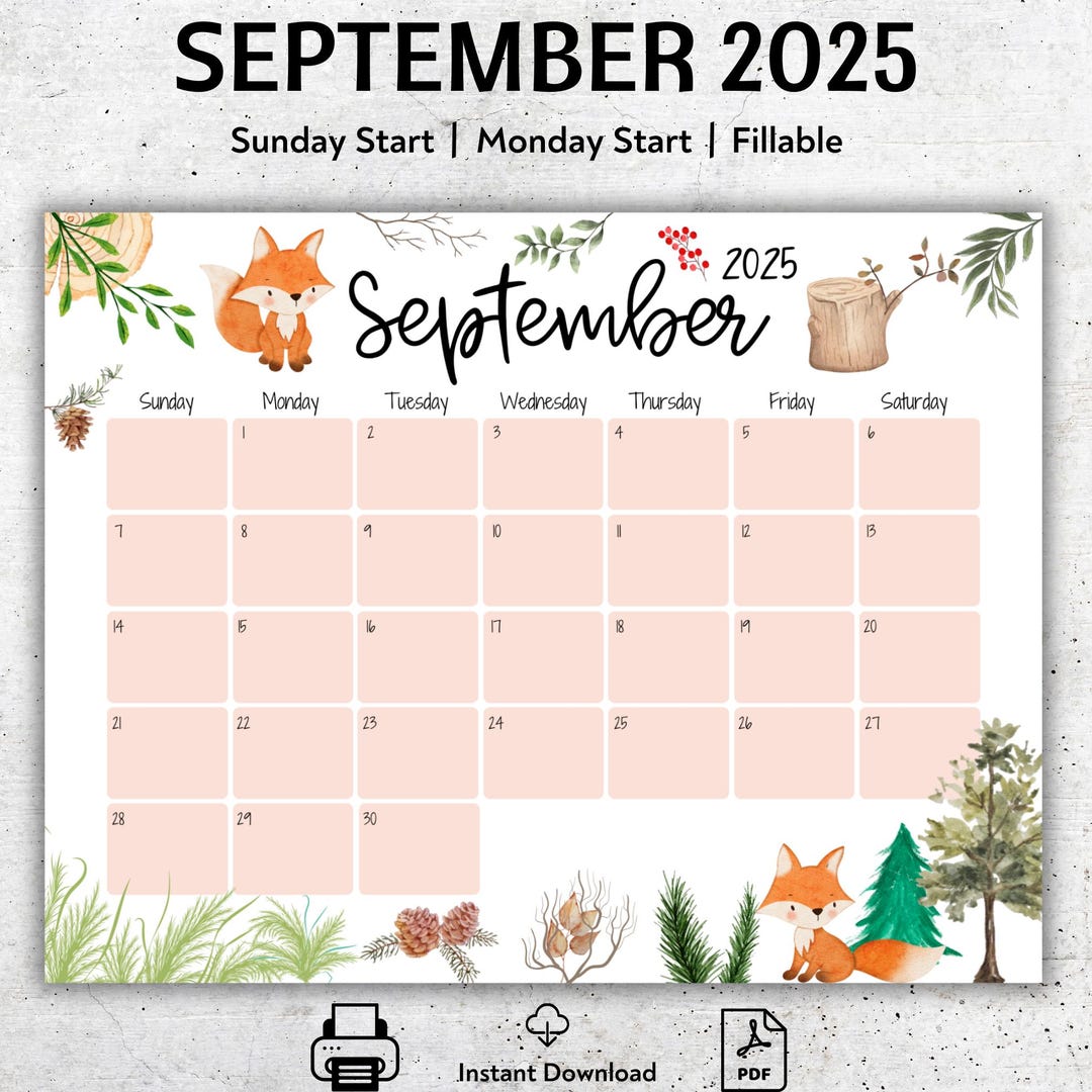EDITABLE September 2025 Calendar, Back to School, Cute Fox, Beautiful ...