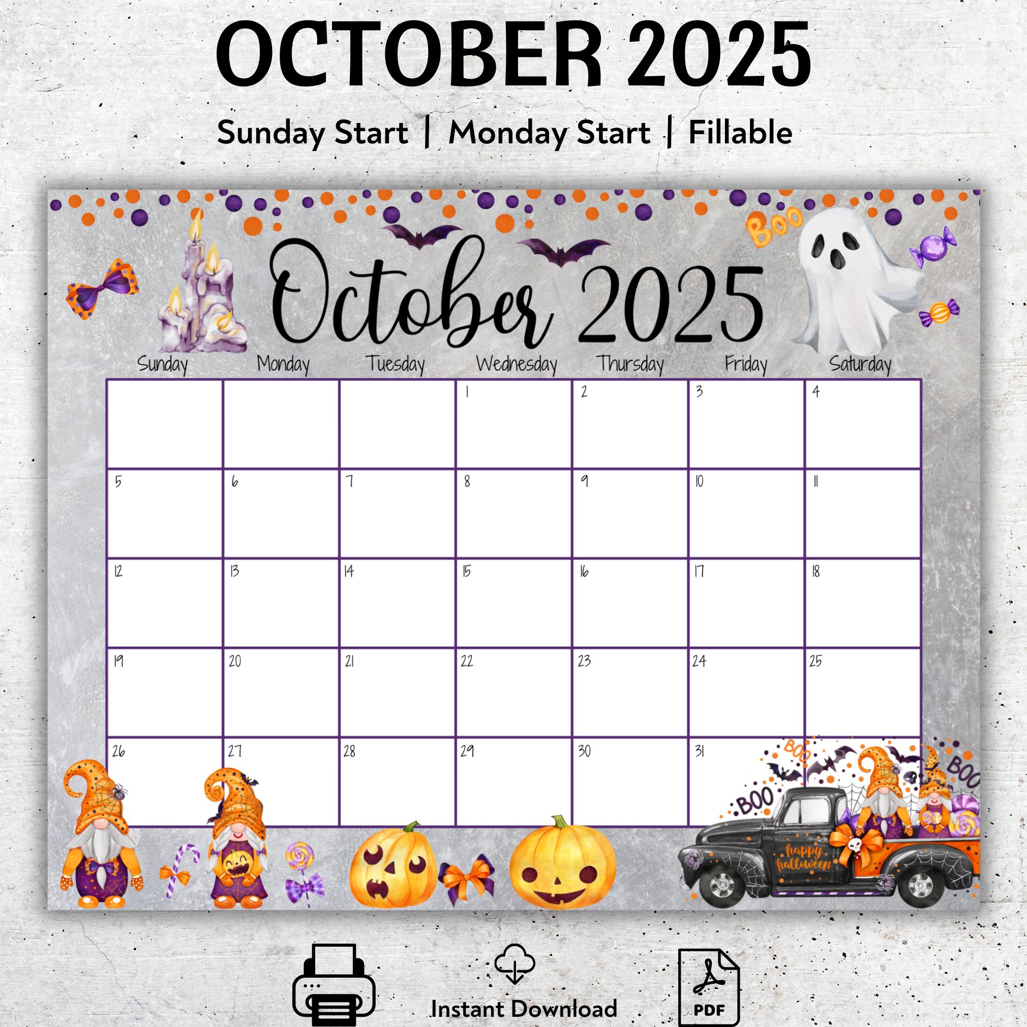 EDITABLE October 2025 Calendar, Happy Halloween, Pretty Ghost, Cute ...