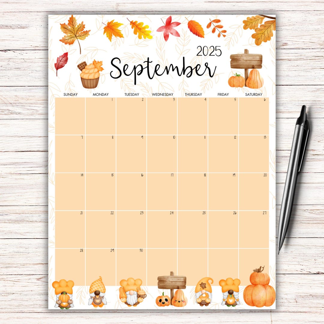 Printable September 2025 Calendar With Fall Gnome Theme, Editable PDF ...