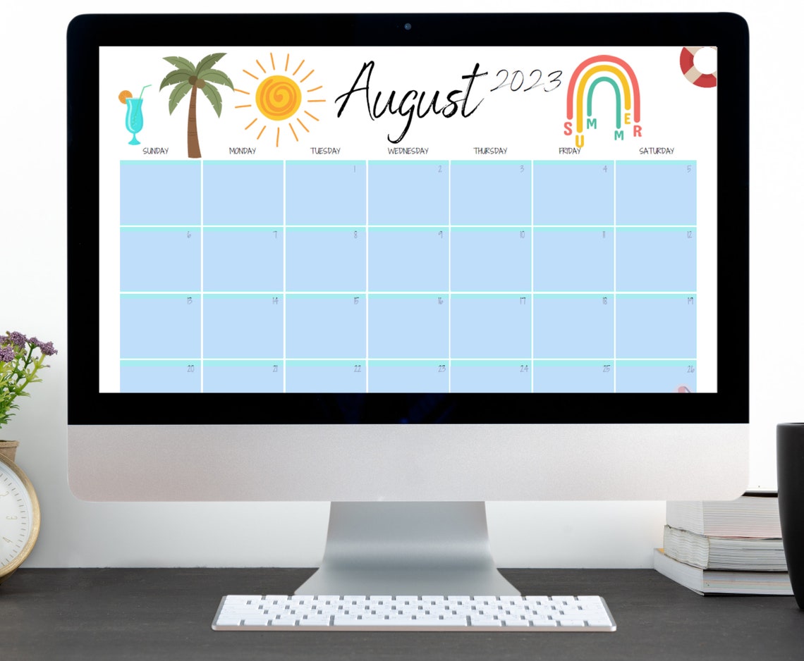 EDITABLE August 2023 Calendar Beautiful Summer Rainbow Sun - Etsy