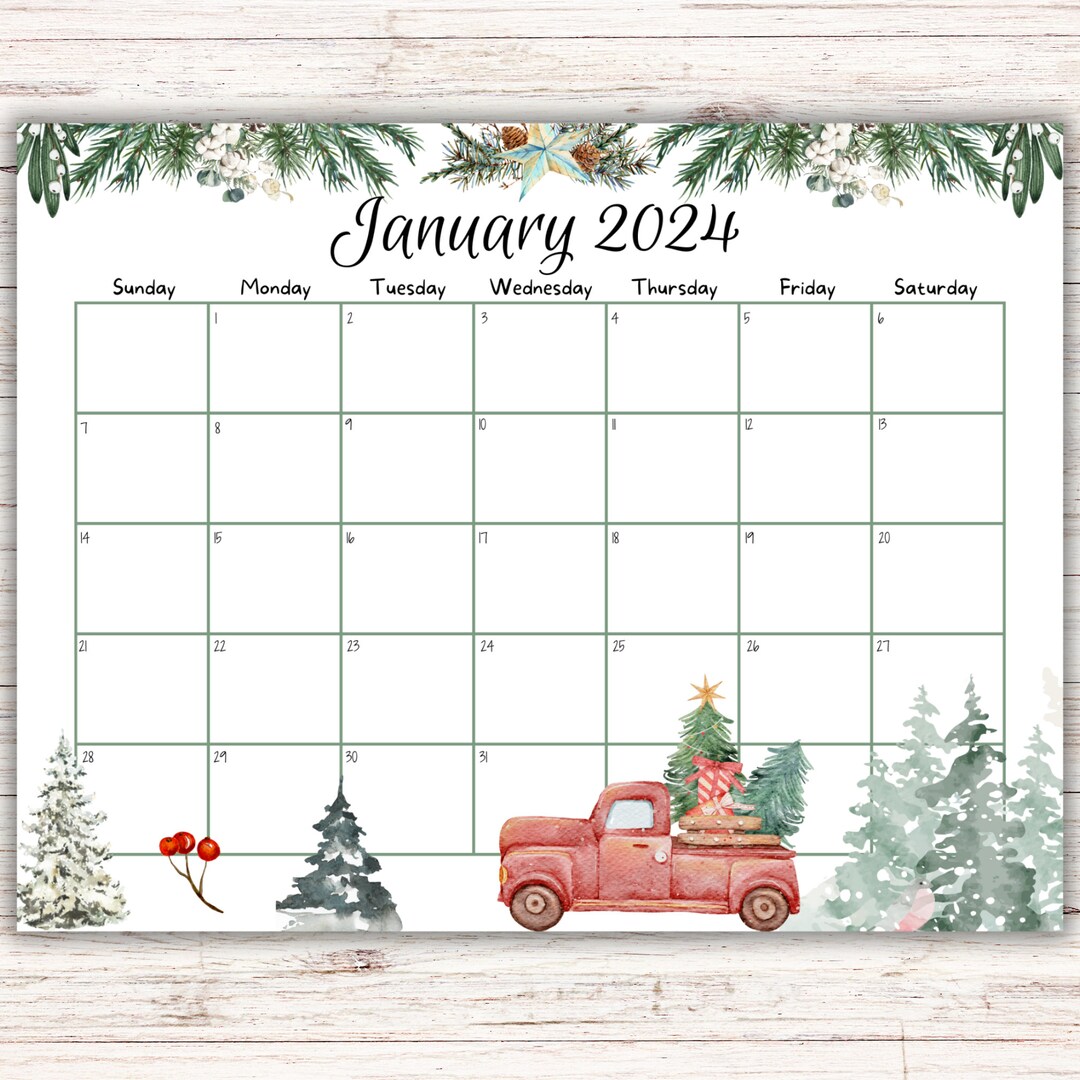 EDITABLE January 2024 Calendar, Snowy Pine Trees, Old Red Truck ...