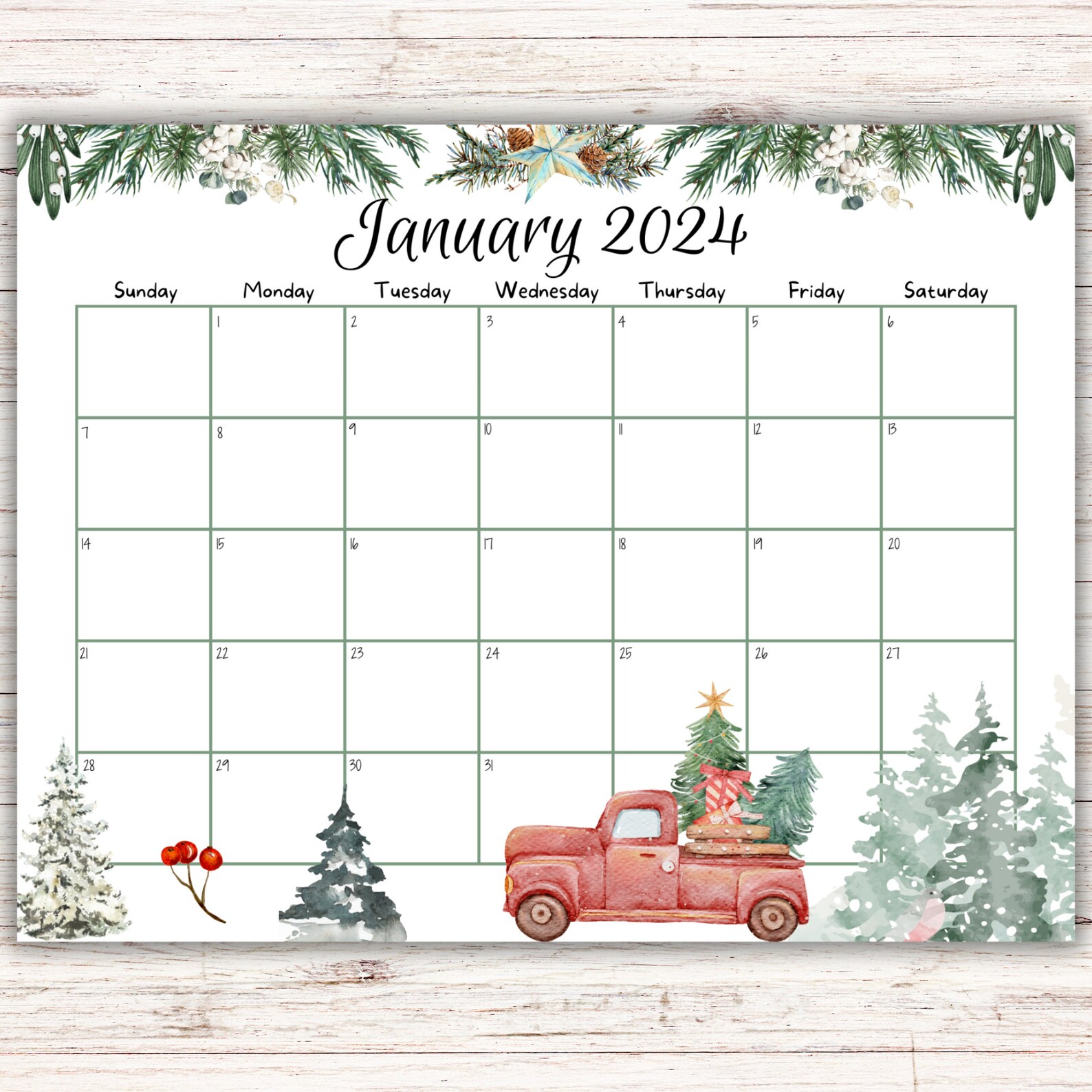 EDITABLE January 2024 Calendar, Snowy Pine Trees, Old Red Truck ...