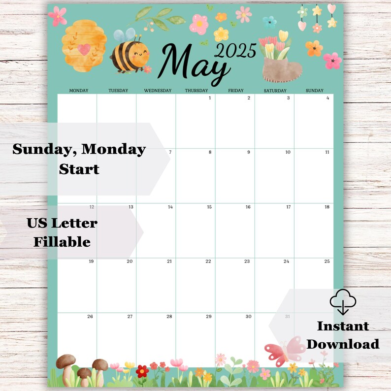 Editable May 2025 Calendar, May Monthly Schedule, Cute Bee, 2025 May ...