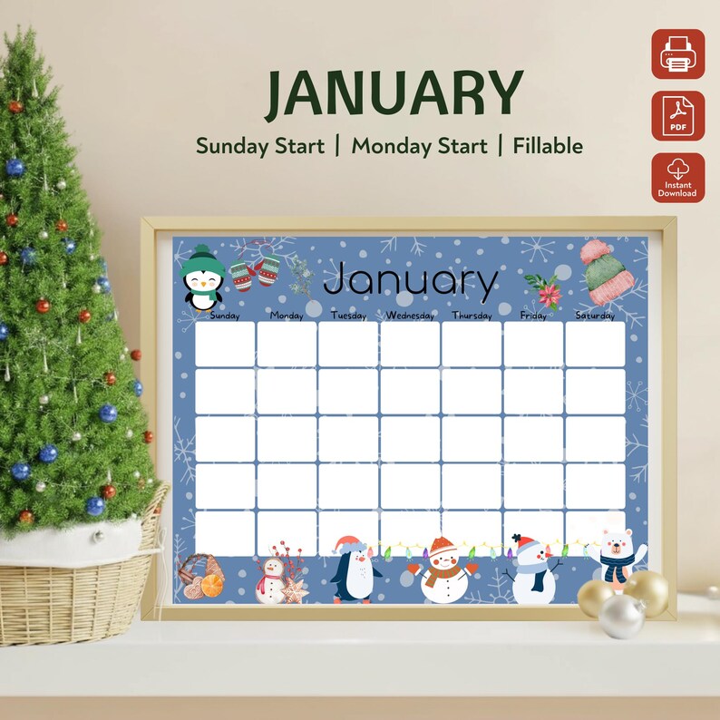 EDITABLE January Calendar, Beautiful Winter, Snowmen and Penguins ...