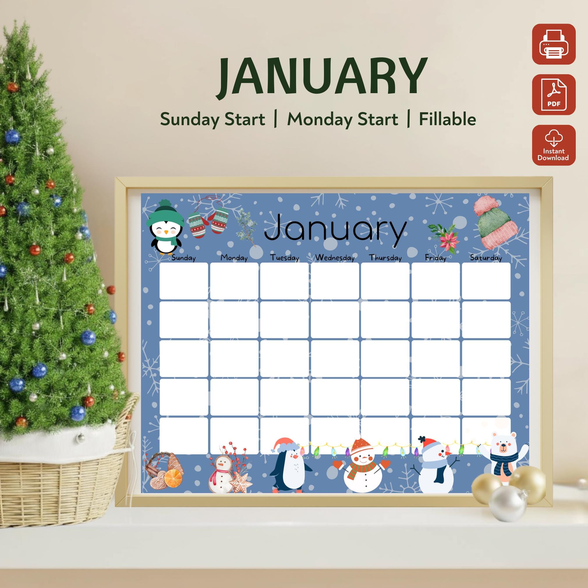 EDITABLE January Calendar, Beautiful Winter, Snowmen and Penguins ...