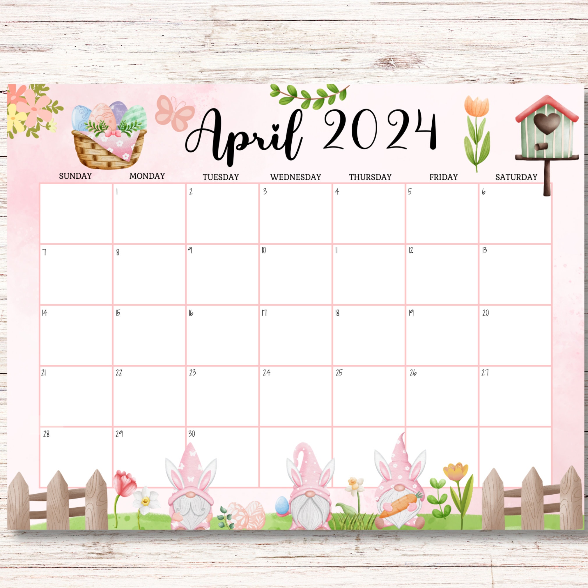 EDITABLE April 2024 Calendar, Happy Easter Day With Cute Gnomes ...