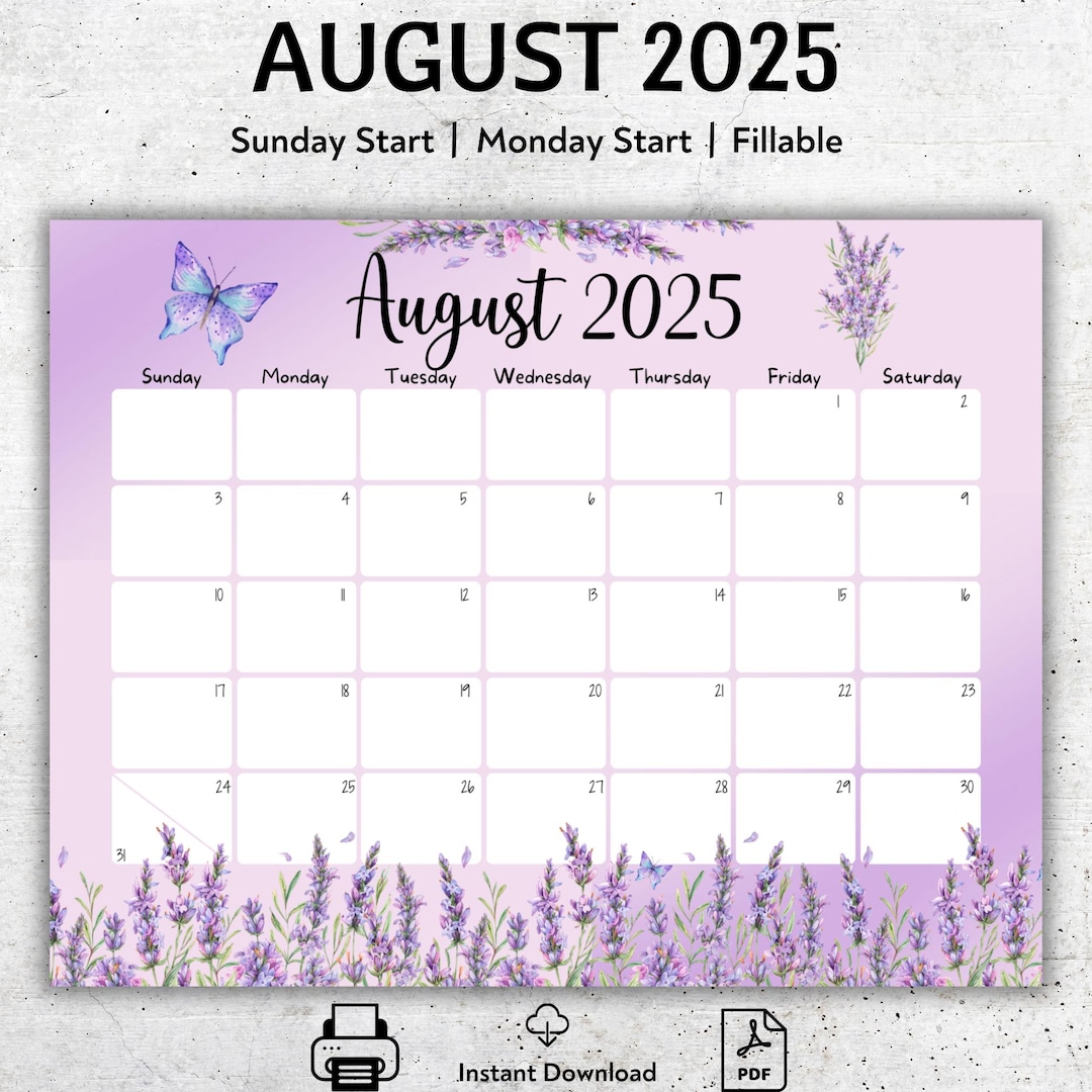 EDITABLE August 2025 Calendar, Beautiful Butterfly and Lavender ...