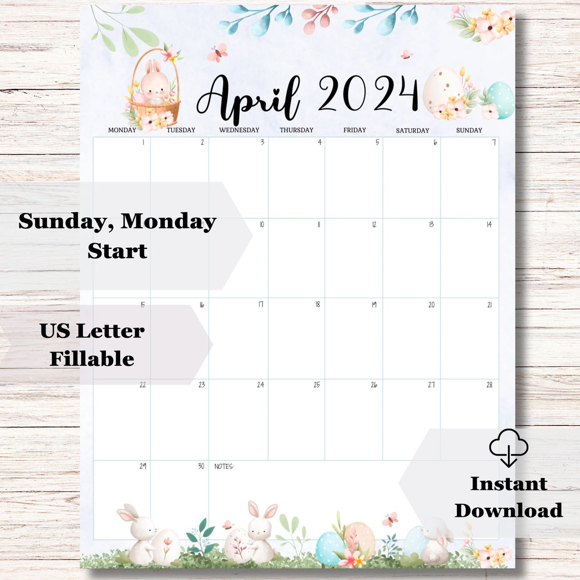 EDITABLE April 2024 Calendar, Happy Easter Day, Cute Bunnies, Printable ...