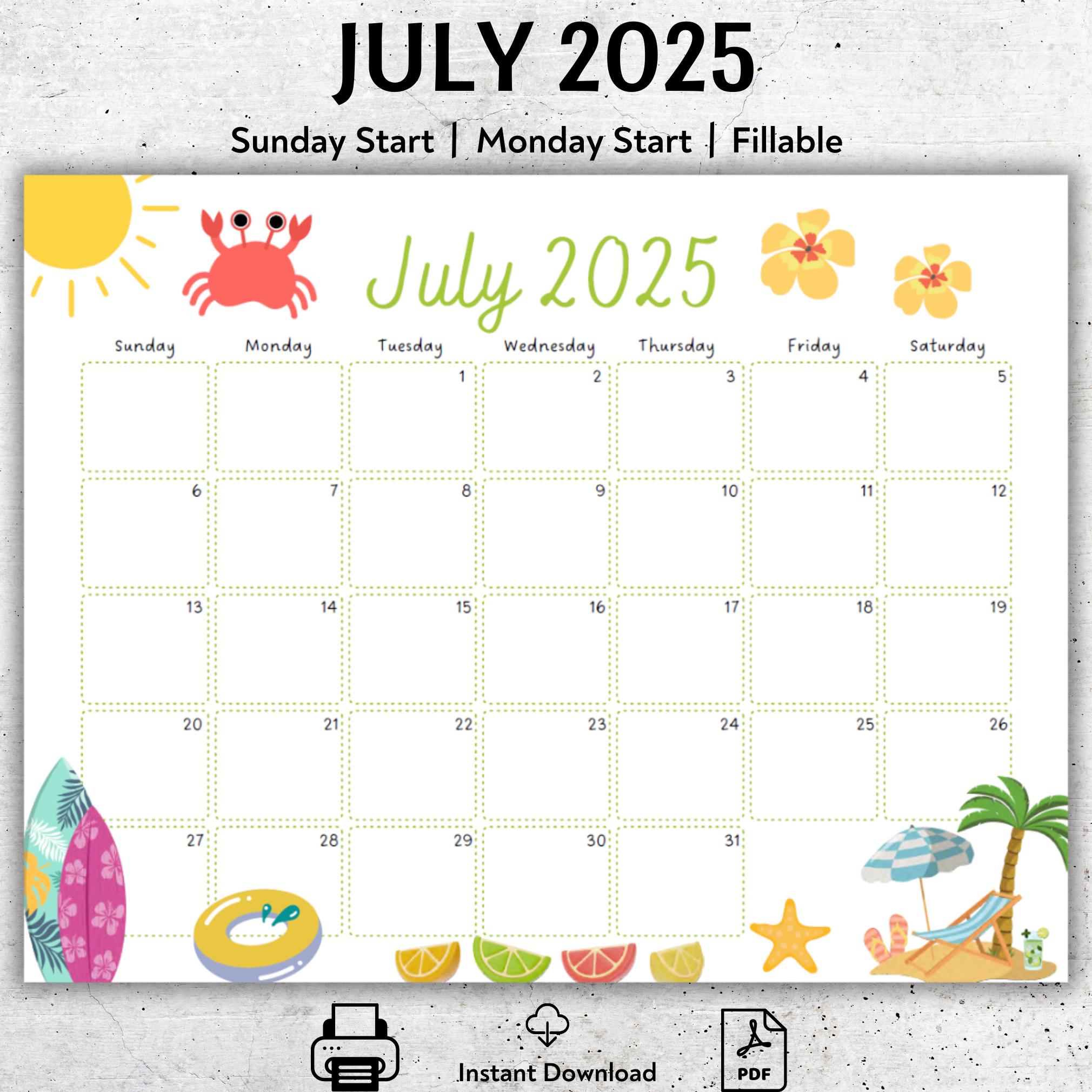 July 2025 Printable Calendar | Summer Beach Theme | Fillable PDF ...
