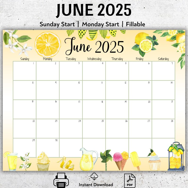 EDITABLE June 2025 Calendar, Yellow Lemons, Delicious Ice Creams ...