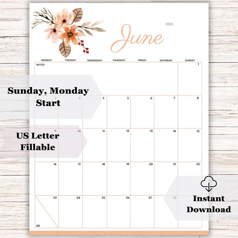 Editable 2025 June Calendar, Monthly Planner, 2025 Summer, Watercolor ...
