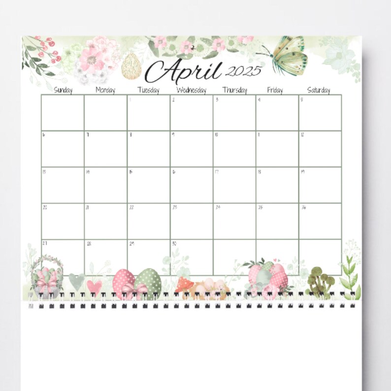 EDITABLE April 2025 Calendar, Happy Easter Day, Green Butterfly ...