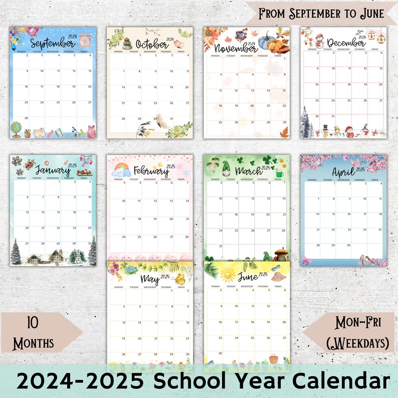 School Year Calendar 2024-2025 From September to June, Printable ...