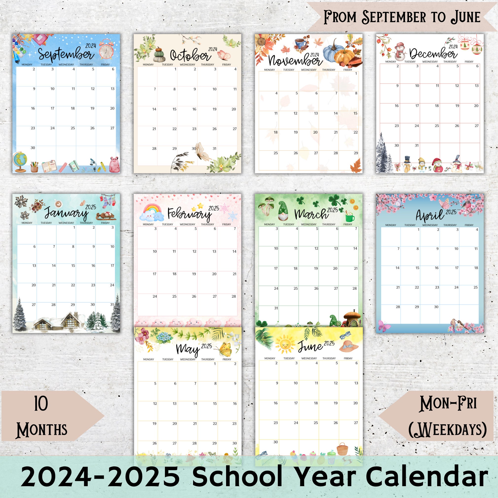 School Year Calendar 2024-2025 From September to June, Printable ...