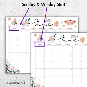 EDITABLE June 2025 Calendar, Boho Style, Beautiful Flowers and ...