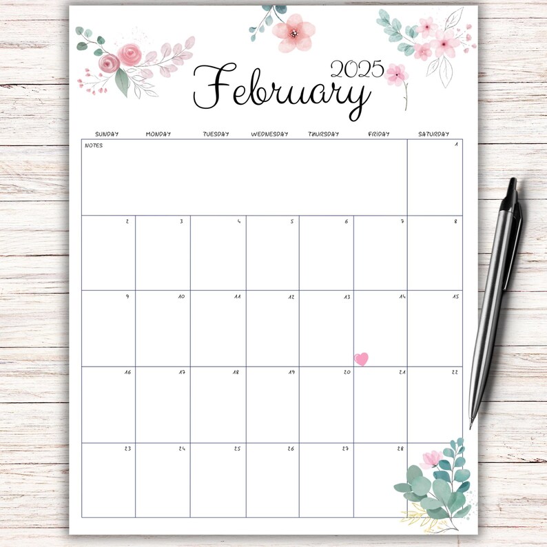 EDITABLE February 2025 Calendar, Simple Monthly Schedule, Flowered ...