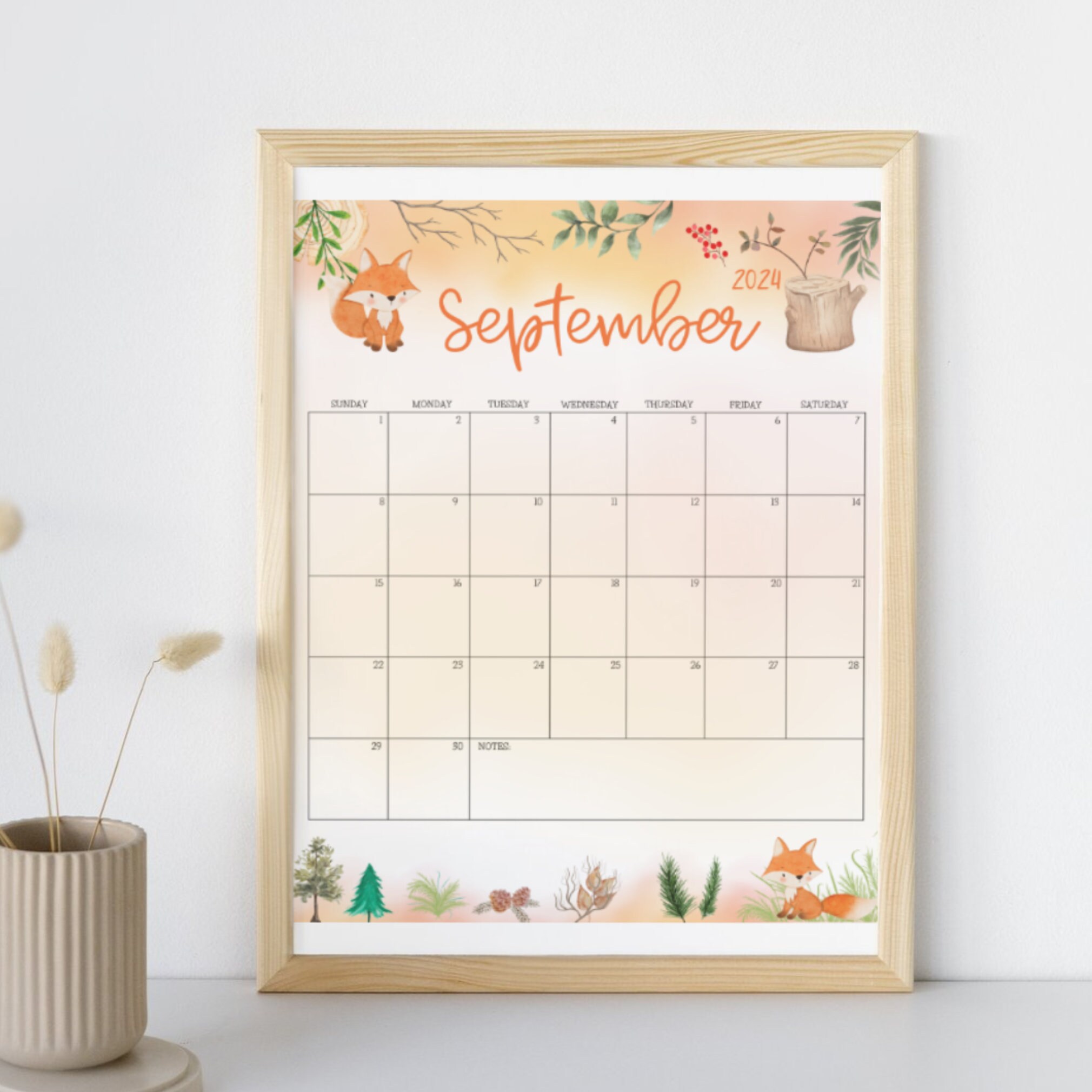 EDITABLE September 2024 Calendar, Back to School, Cute Fox, Vertical ...