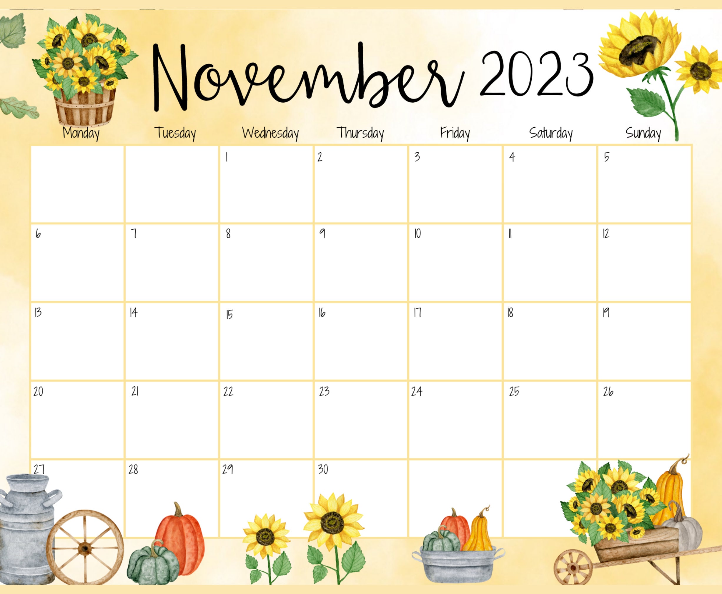 EDITABLE November 2023 Calendar, Beautiful Sunflowers, Printable ...