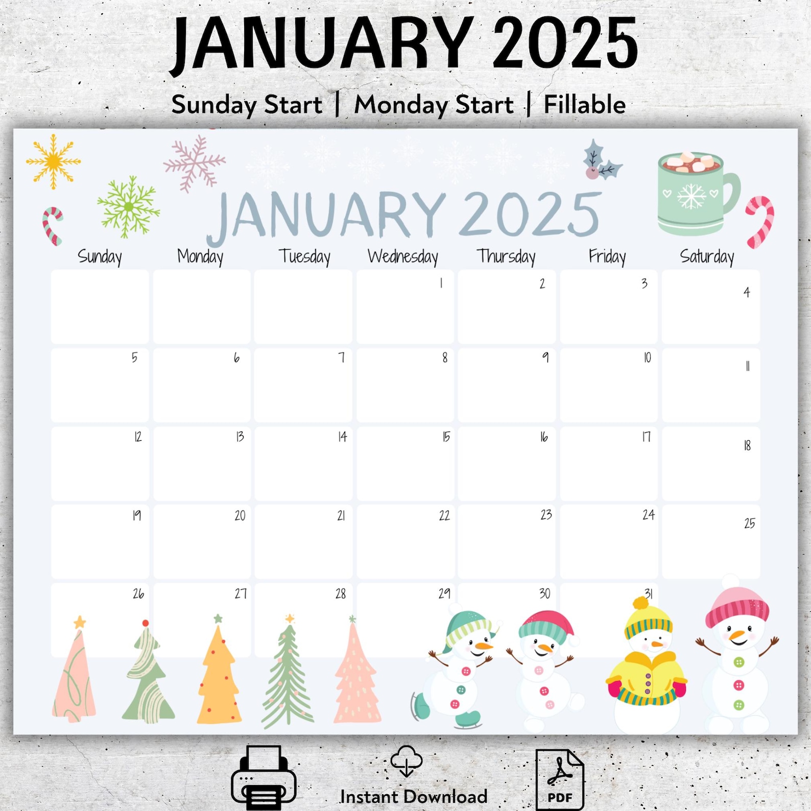 EDITABLE January 2025 Calendar, Beautiful Winter, Happy Snowmen, New ...