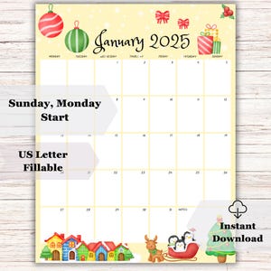 EDITABLE January 2025 Calendar, Cute Penguins, Happy New Year ...
