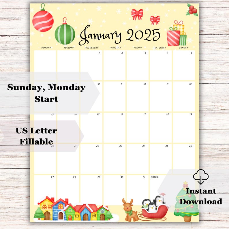 EDITABLE January 2025 Calendar, Cute Penguins, Happy New Year ...
