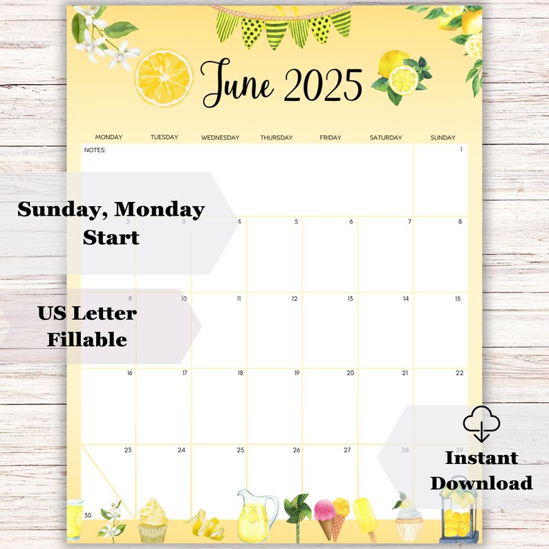 Editable 2025 June Calendar, Monthly June Planner, Yellow Lemons, Kids ...