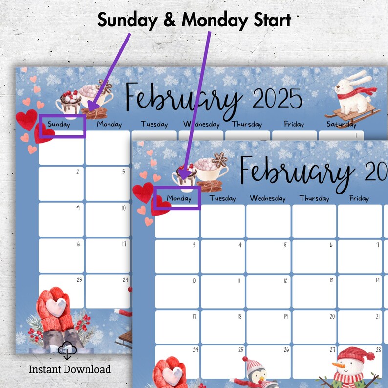 EDITABLE February 2025 Calendar, Beautiful Winter, Snowman and Penguins ...