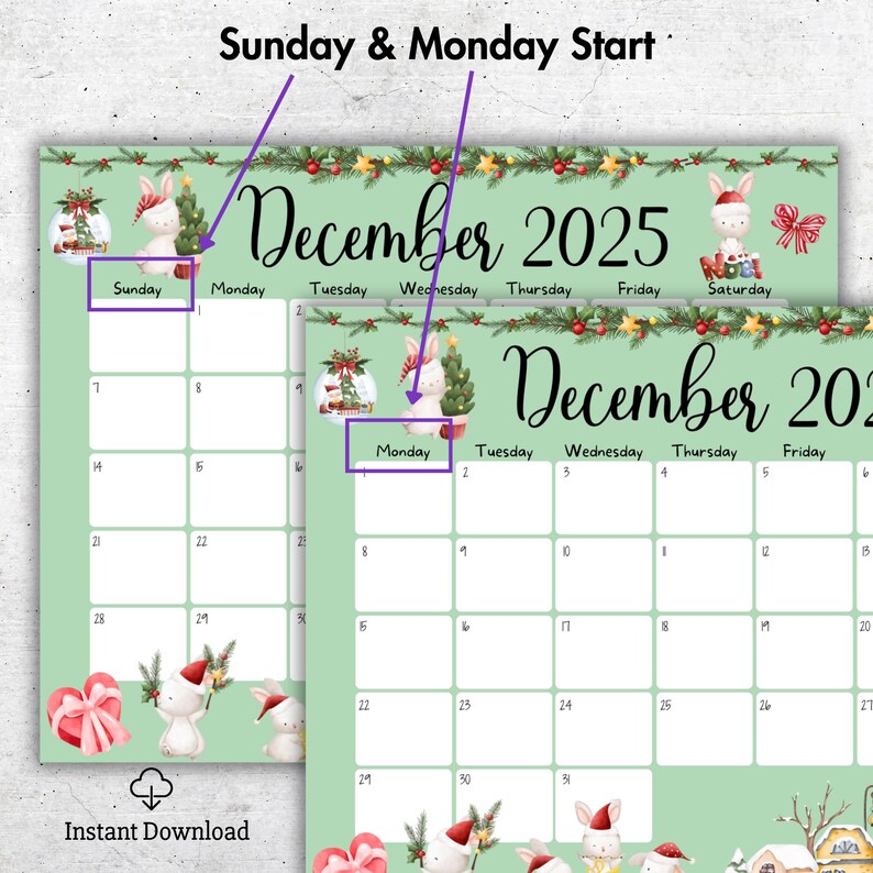 EDITABLE December 2025 Calendar, Beautiful Winter, Cute Rabbits ...