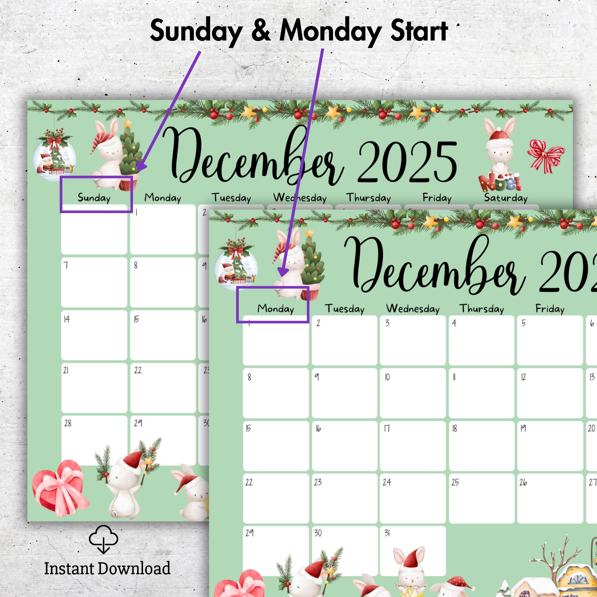 EDITABLE December 2025 Calendar, Beautiful Winter, Cute Rabbits ...