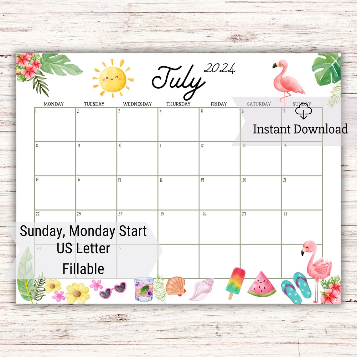 EDITABLE July 2024 Calendar, Beautiful Colorful Summer, Monthly Planner ...