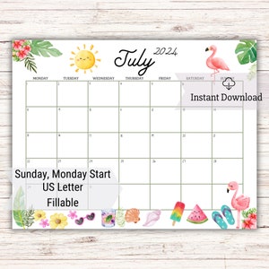 EDITABLE July 2024 Calendar, Beautiful Colorful Summer, Monthly Planner ...