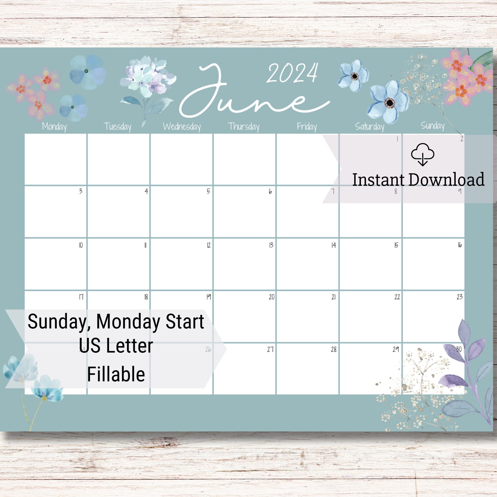EDITABLE June 2024 Calendar, Beautiful Colorful Flowers, Printable ...