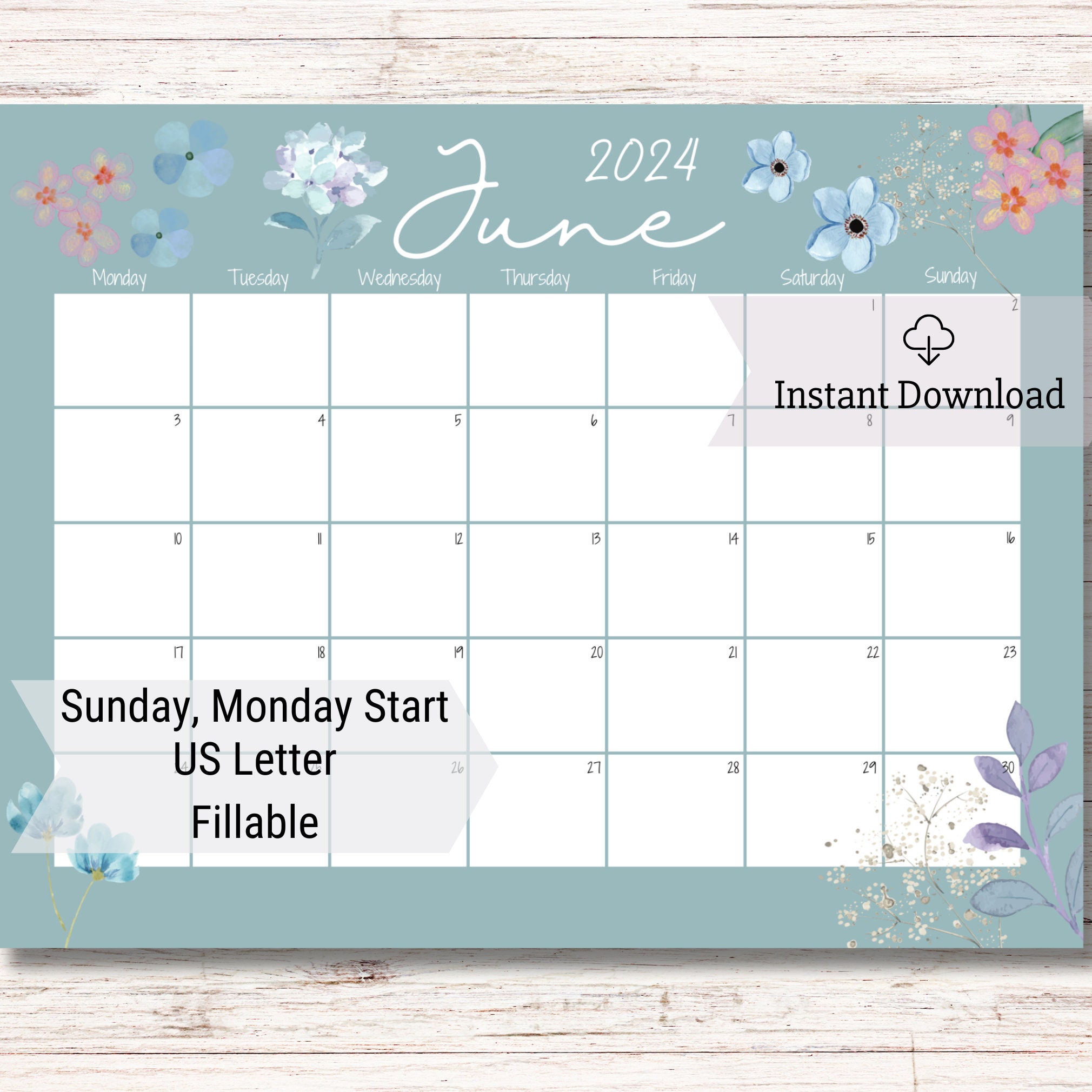 EDITABLE June 2024 Calendar, Beautiful Colorful Flowers, Printable ...