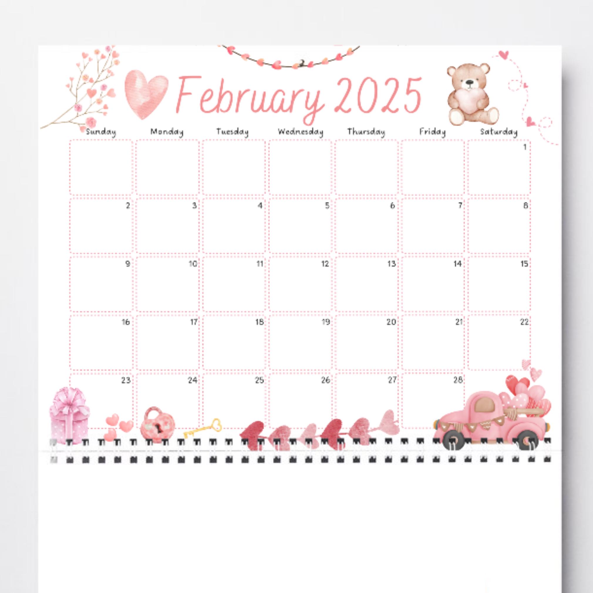 EDITABLE February 2025 Calendar, Valentine's Day, Homeschool Calendar ...