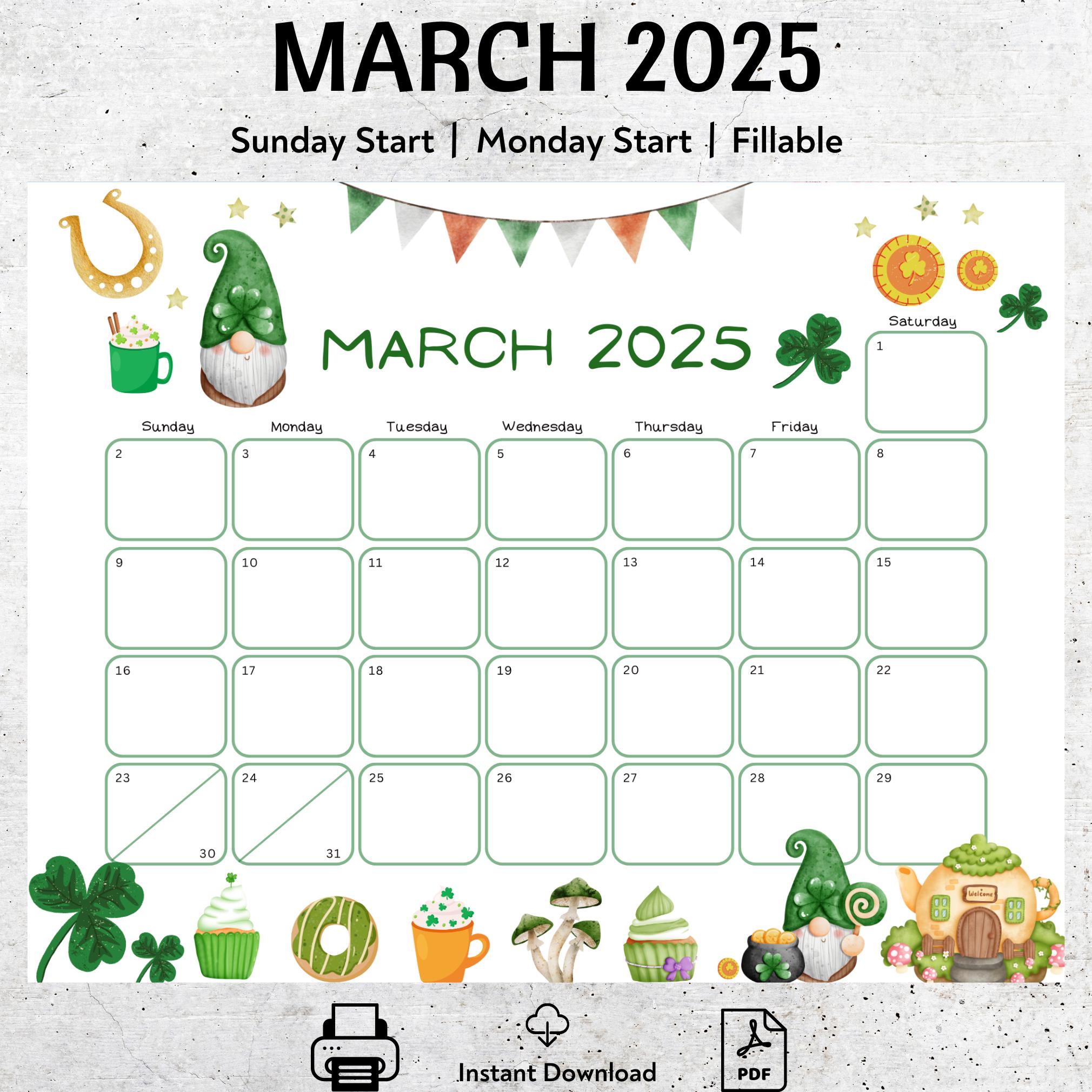 EDITABLE March 2025 Calendar, Printable Fillable Calendar Planner ...