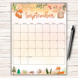 EDITABLE September 2024 Calendar, Back to School, Cute Fox, Vertical ...