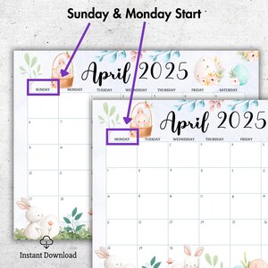 EDITABLE April 2025 Calendar, Happy Easter Day, Cute Bunnies, Printable ...
