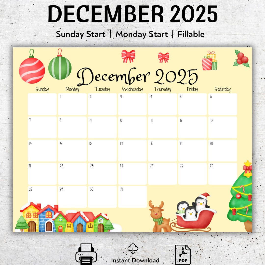 EDITABLE December 2025 Calendar, Beautiful Winter, Cute Penguins ...