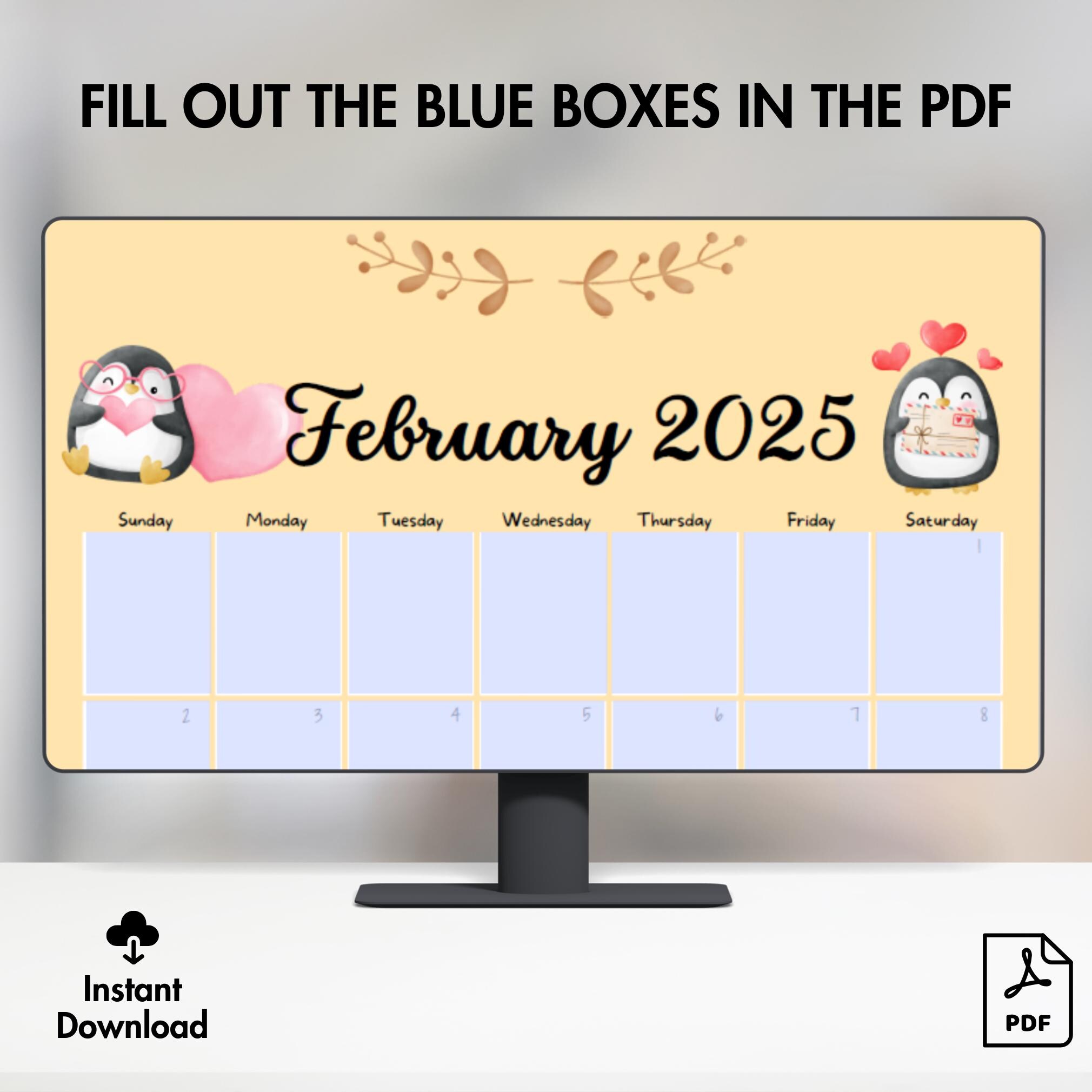 EDITABLE February 2025 Calendar, Printable February 2025 Monthly ...