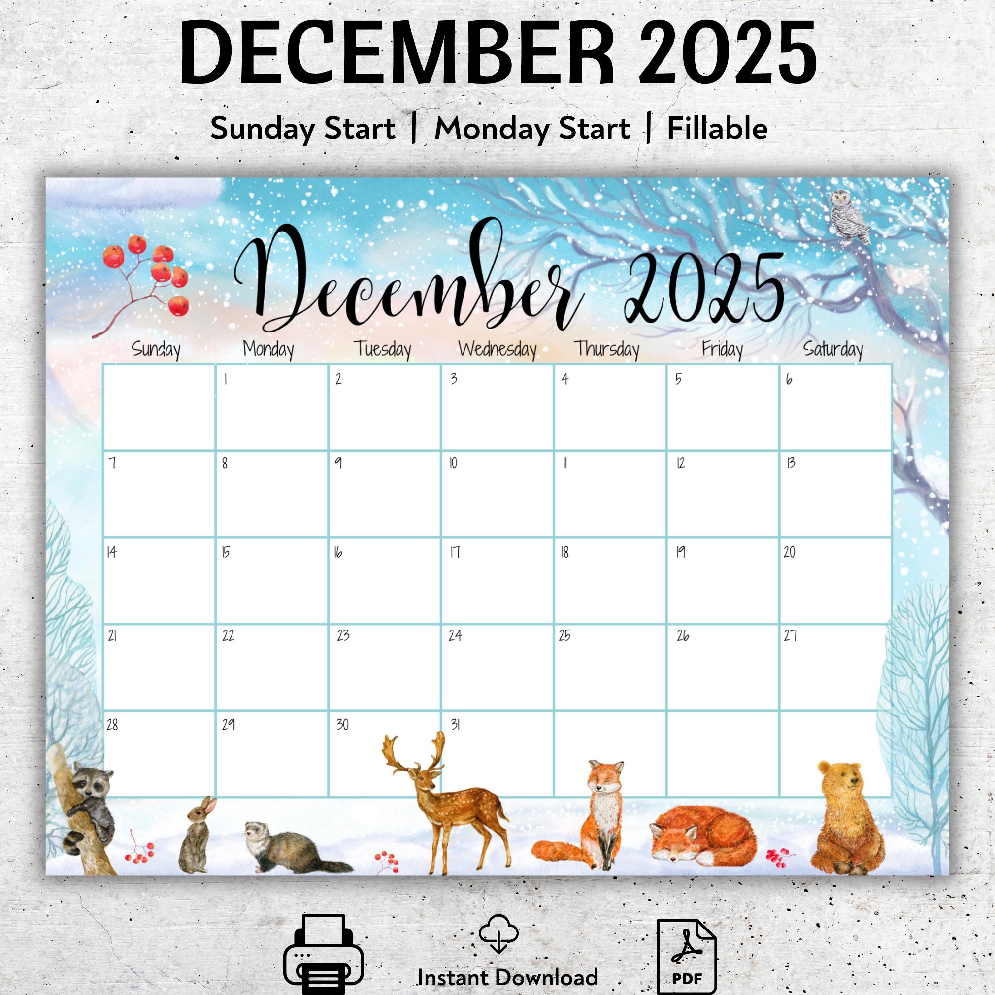 EDITABLE December 2025 Calendar, Cute Animals, Beautiful Winter ...