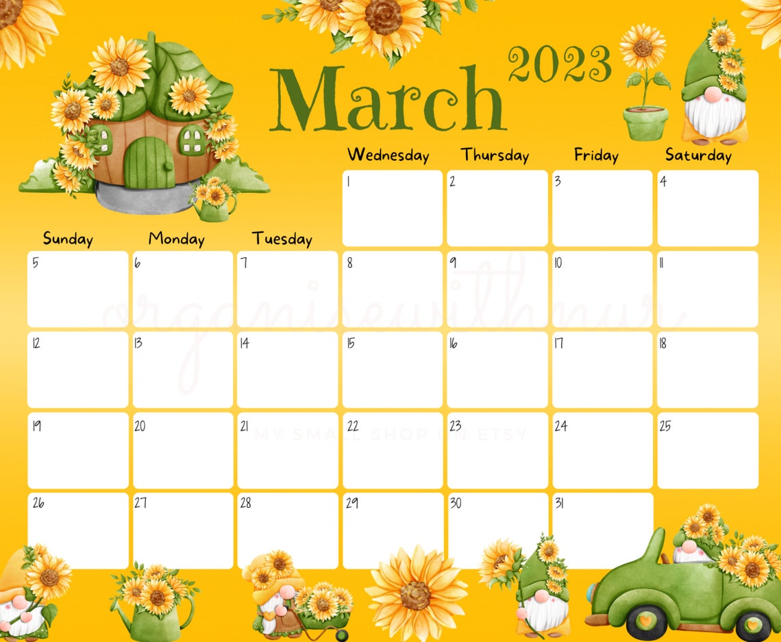 EDITABLE March 2023 Calendar Sunflower Gnome Happy - Etsy