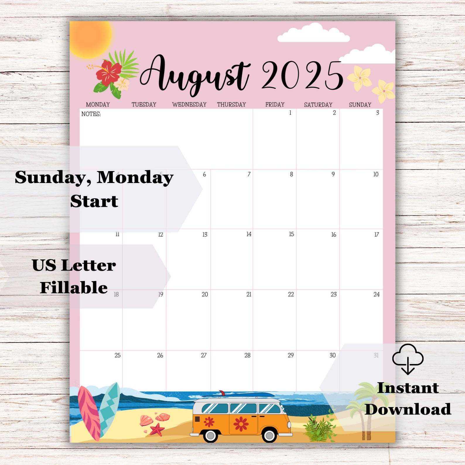 EDITABLE August 2025 Calendar, Printable Vacation Planner, Beach Theme ...