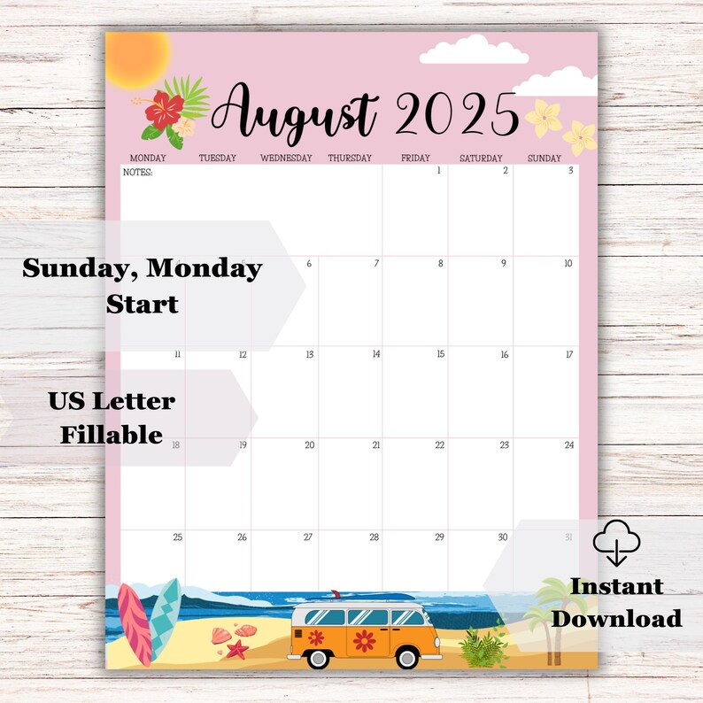 EDITABLE August 2025 Calendar, Printable Vacation Planner, Beach Theme ...