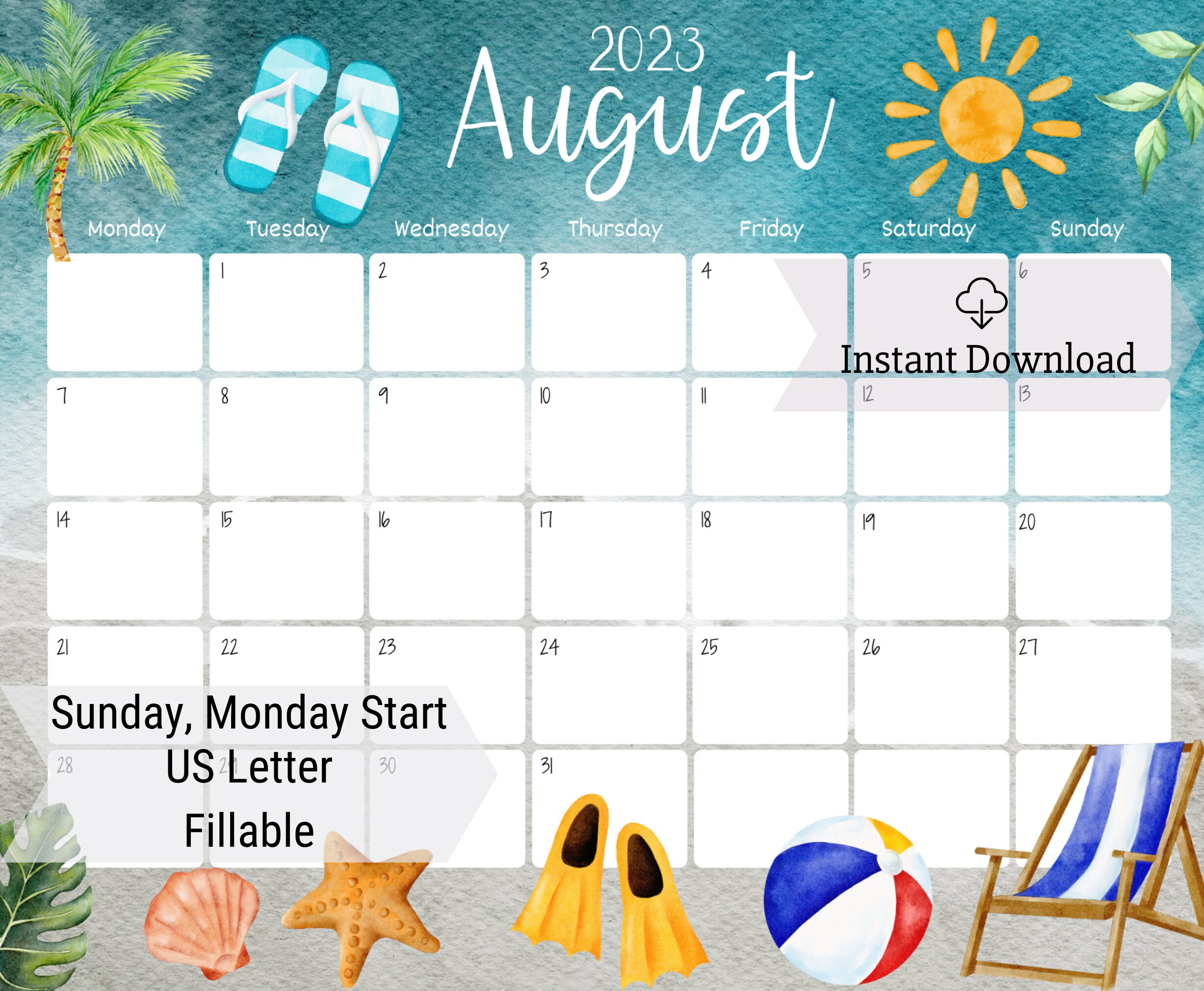 EDITABLE August 2023 Calendar Beautiful Summer Beach Sun - Etsy Denmark