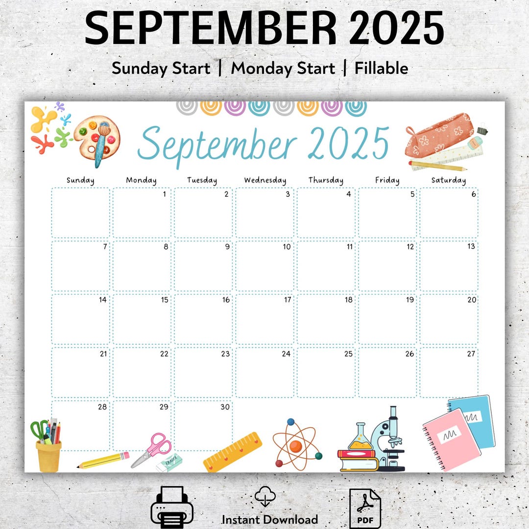 September 2025 Printable Calendar, Cute School-themed Fillable Planner ...